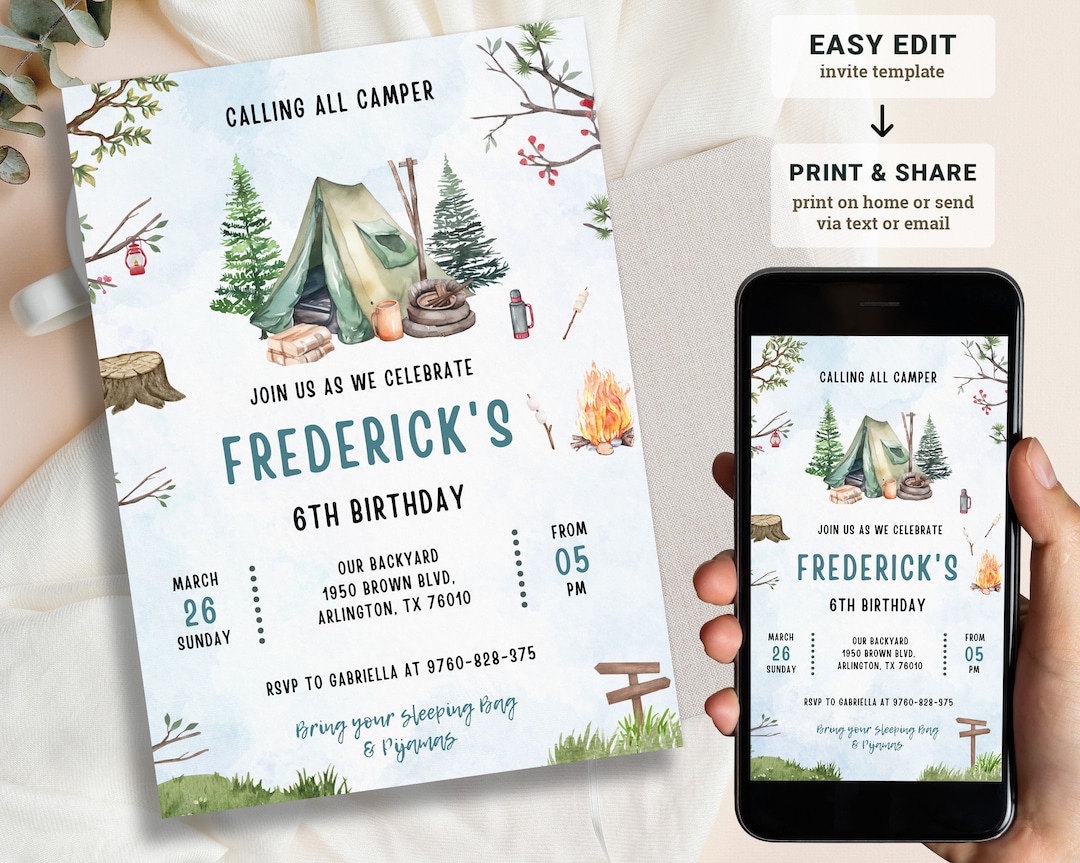 Camping Birthday Invitation Template: Editable Camp Party Invite ...