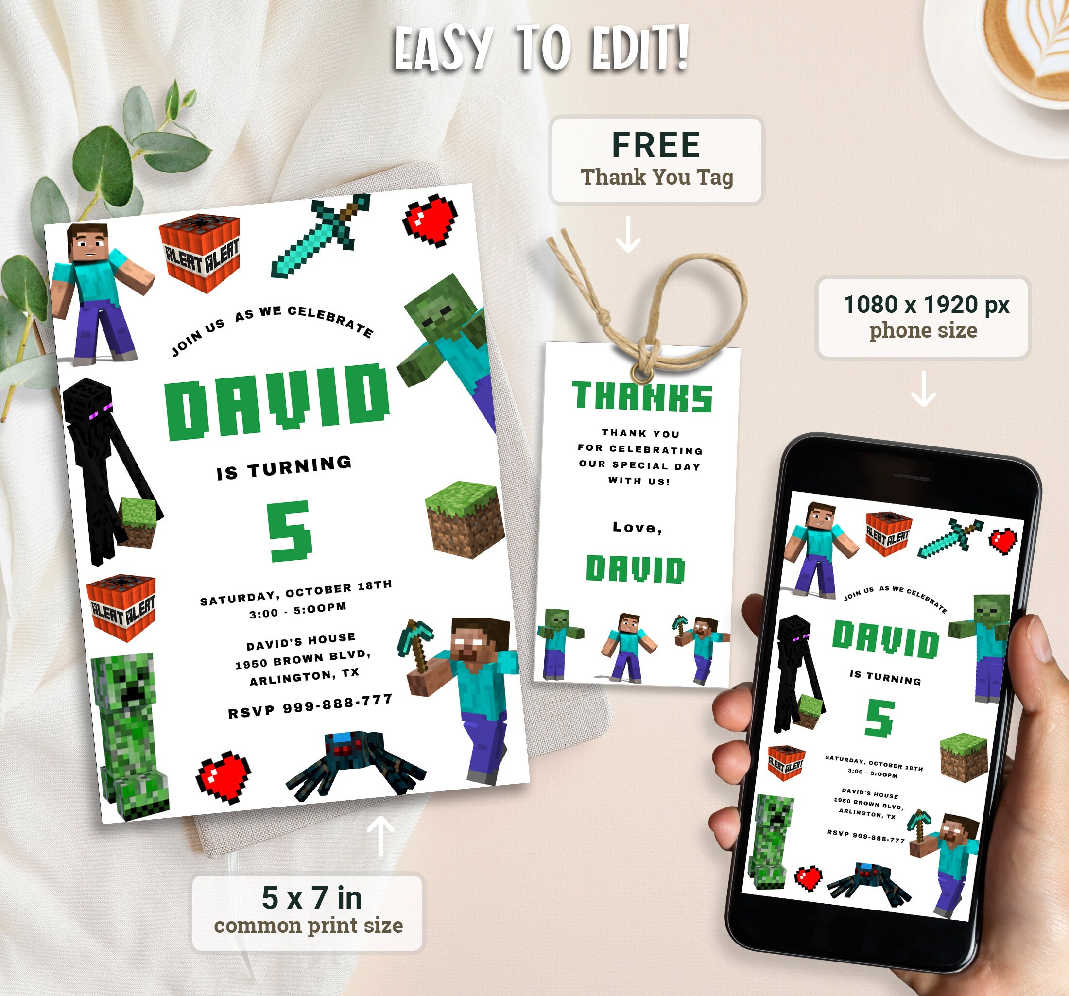 Editable Minecraft Birthday Invitation, Minecraft Birthday Invitation ...