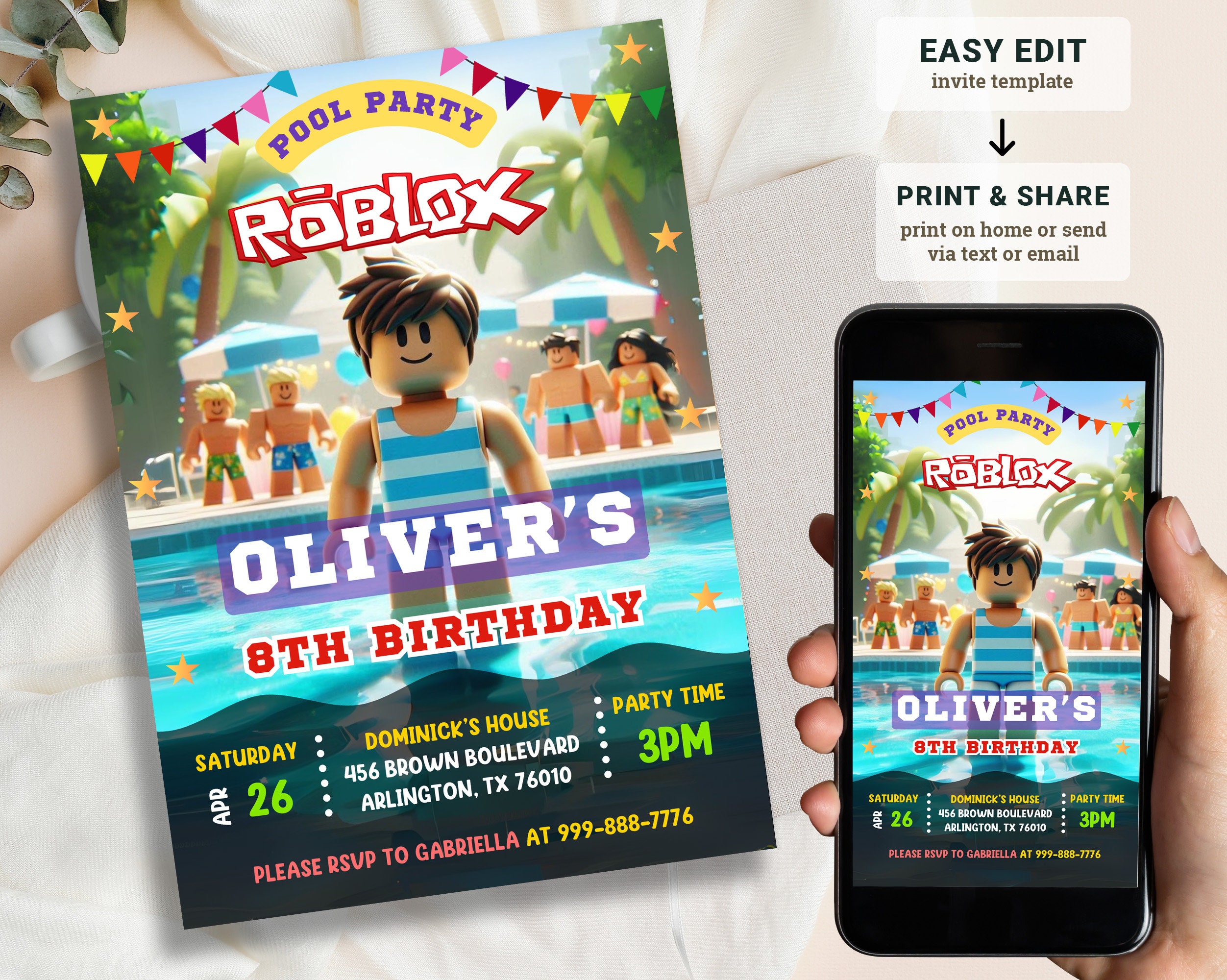 Editable Roblox Pool Party Invitation, Roblox Birthday Invite, Roblox ...