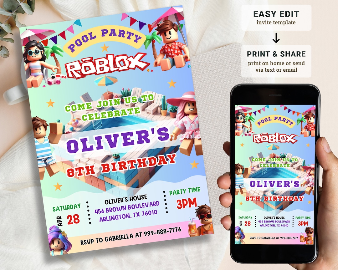 Editable Roblox Pool Party Invitation Template (digital Download) - Etsy