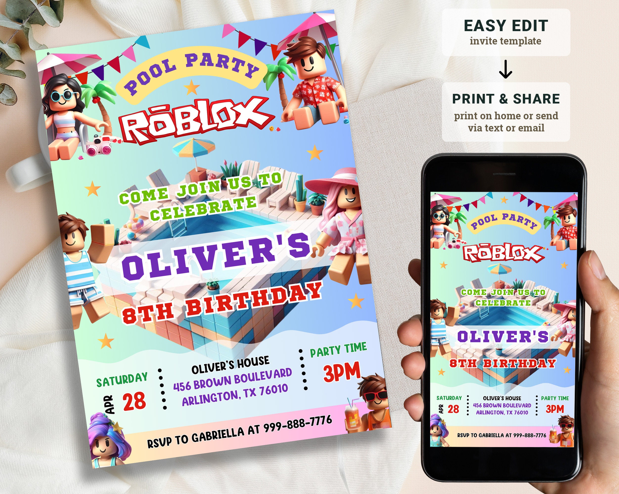 Editable Roblox Pool Party Invitation Template (digital Download ...