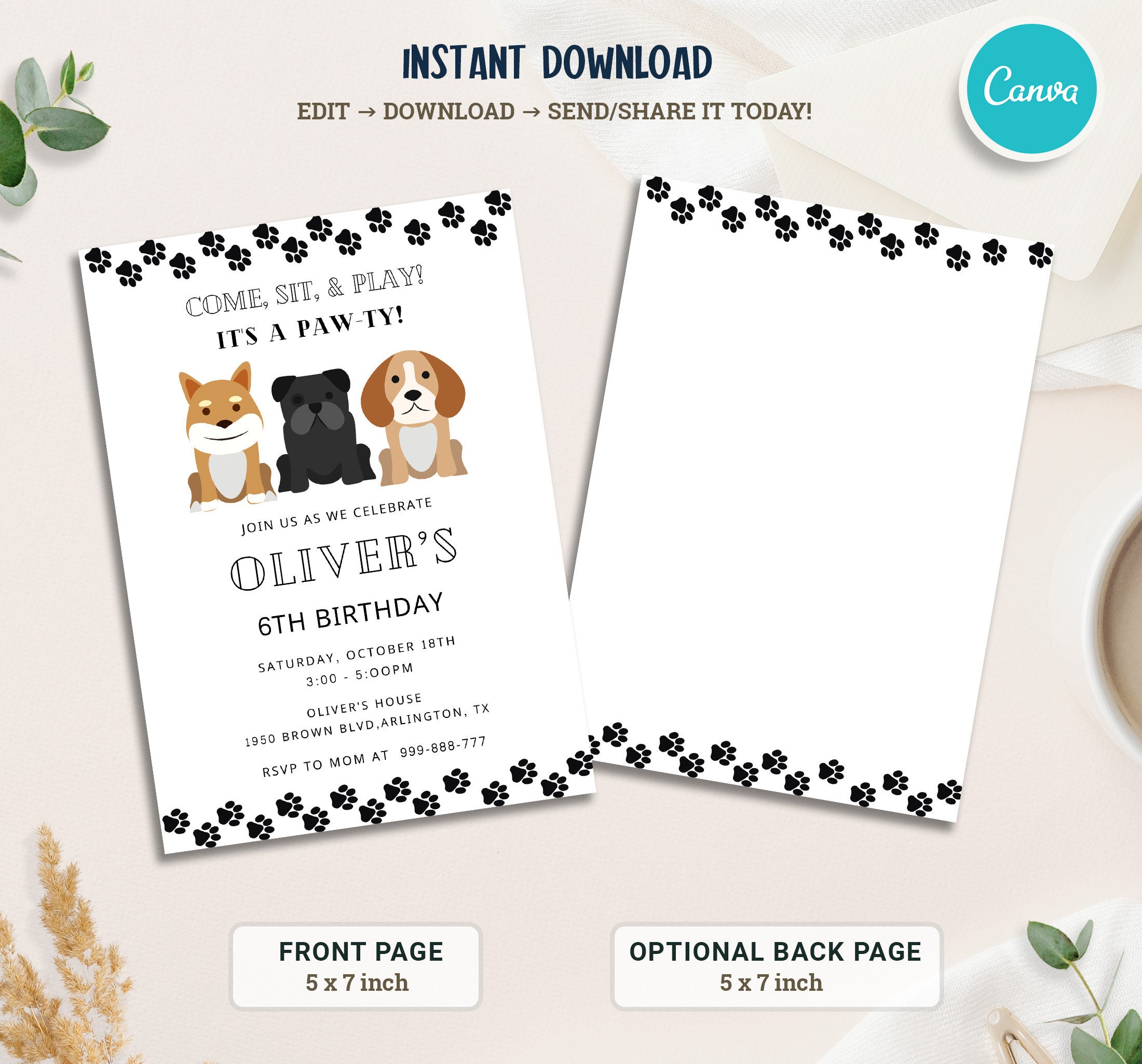 Puppy Birthday Invitation Template, Dog Birthday Invite, Puppy Party ...