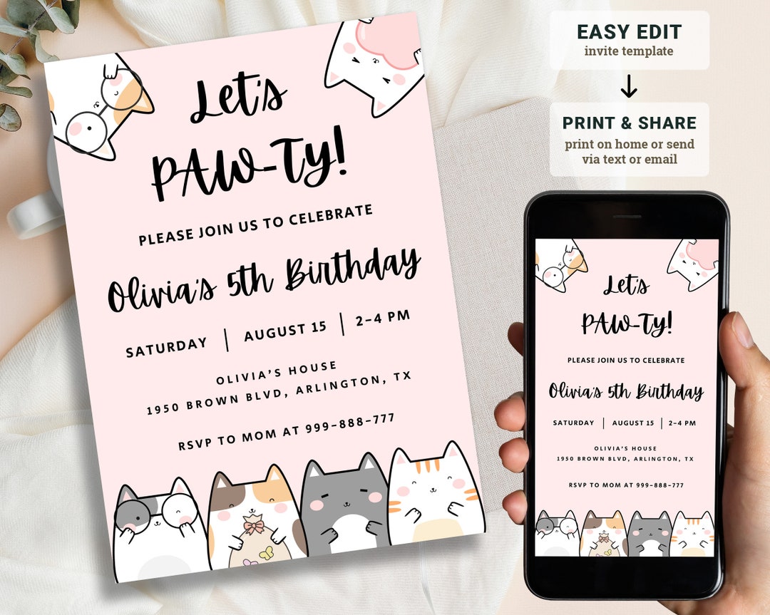 EDITABLE, Cat Birthday Invitation, Cat Theme Birthday Invitation, Cat ...