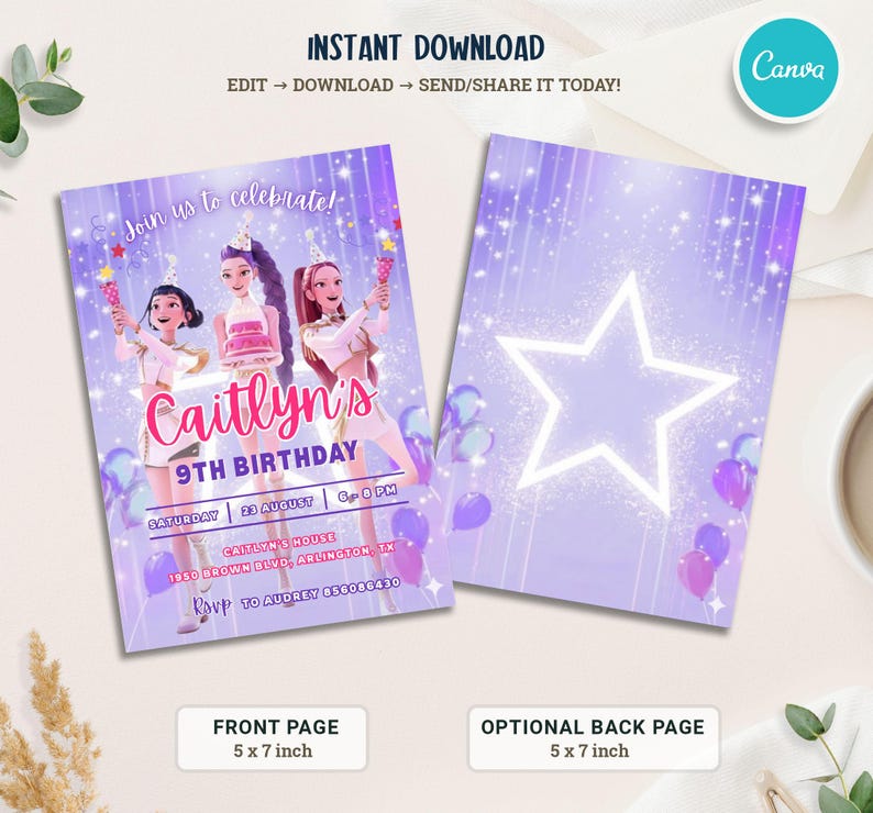 Kpop Demon Hunters Birthday Invitation, Huntrix Invite, Editable Canva ...