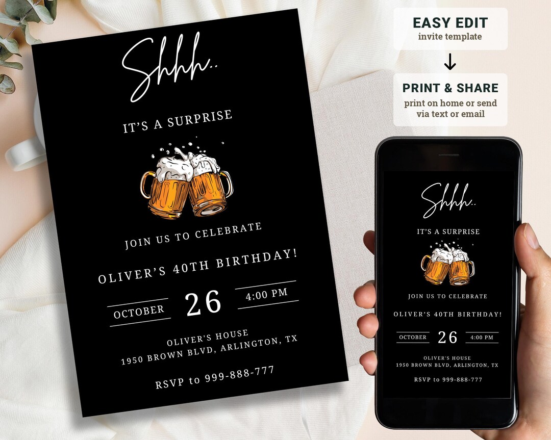 Beer Surprise Birthday Party Invitation, 30th 40th 50th Adult Birthday ...