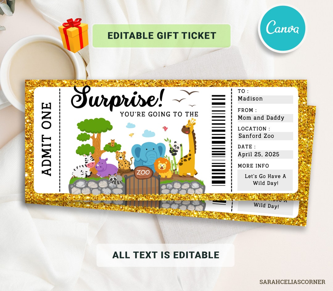Zoo Printable Ticket, Surprise Zoo Ticket, Birthday Gift, Editable Zoo ...