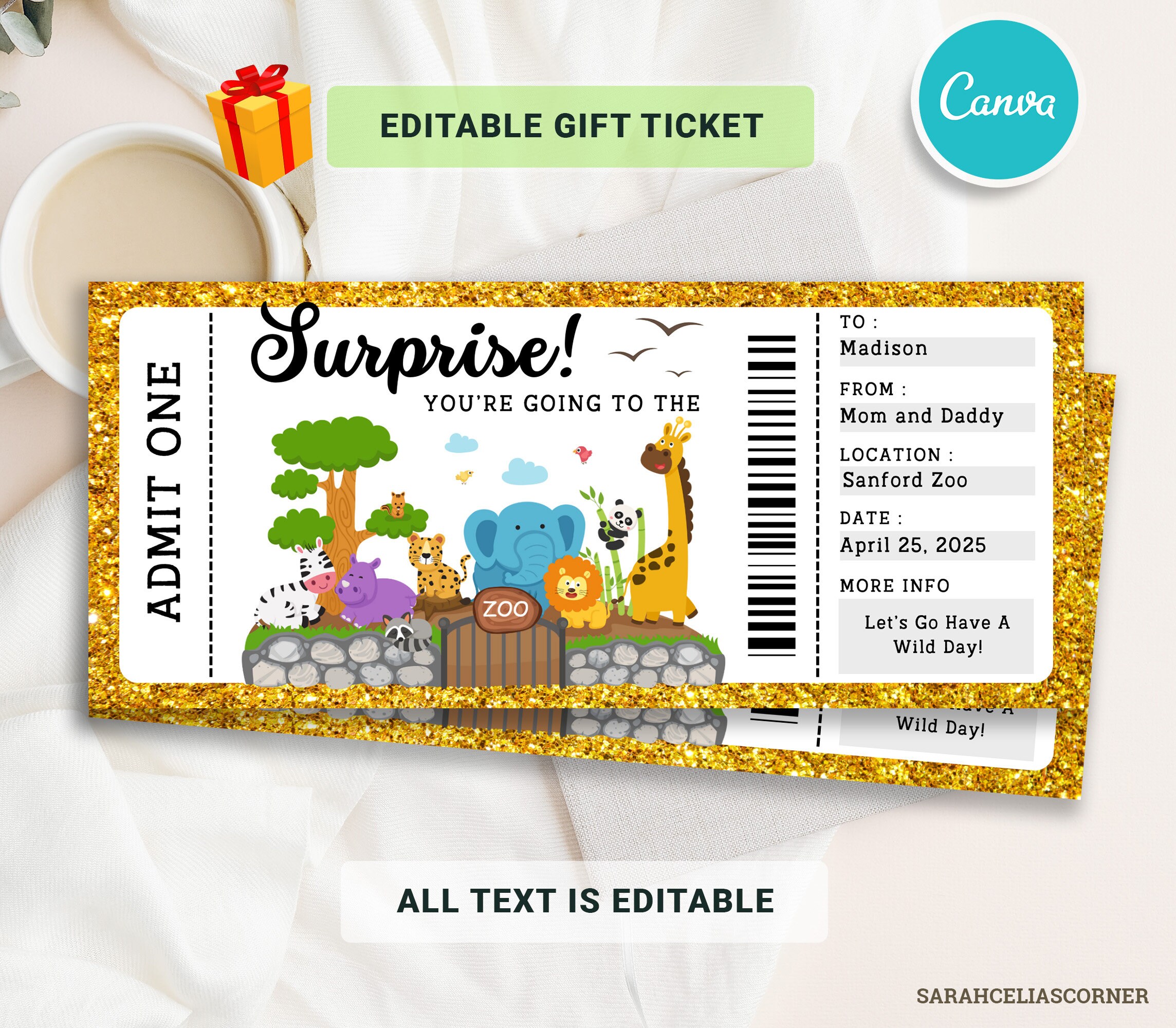 Zoo Printable Ticket, Surprise Zoo Ticket, Birthday Gift, Editable Zoo ...