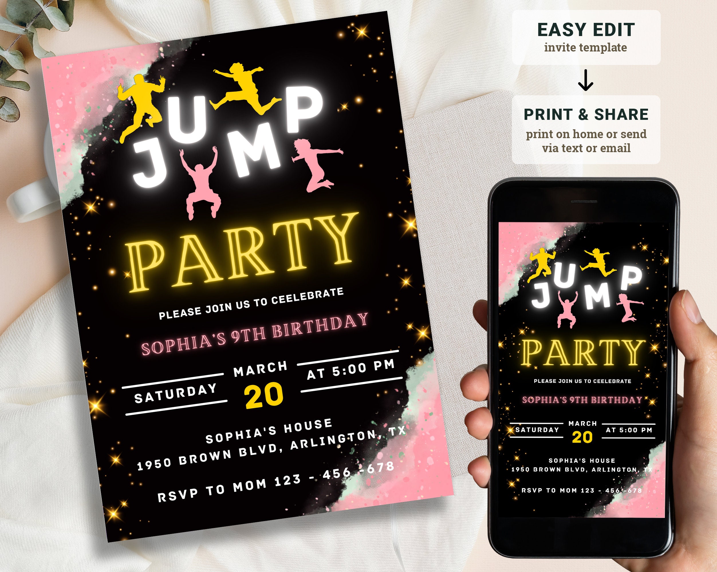 EDITABLE Jump Party Invitation, Trampoline Park Birthday Invitation ...