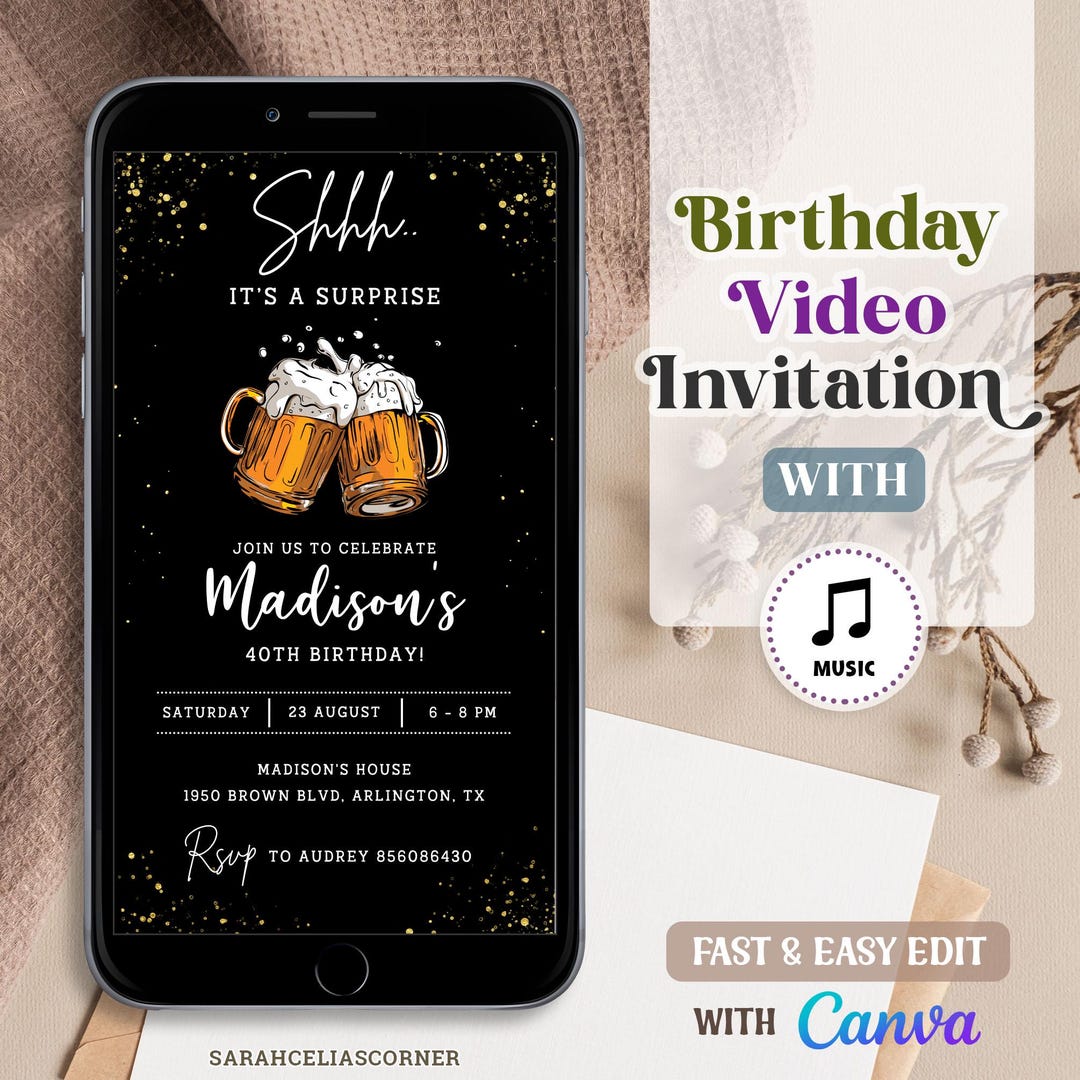 Beer Surprise Video Birthday Invitation: Editable Template (digital ...