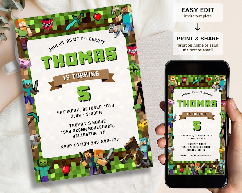 Editable Minecraft Birthday Invitation, Minecraft Birthday Invitation ...
