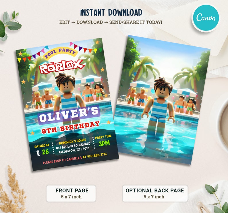Editable Roblox Pool Party Invitation, Roblox Birthday Invite, Roblox ...