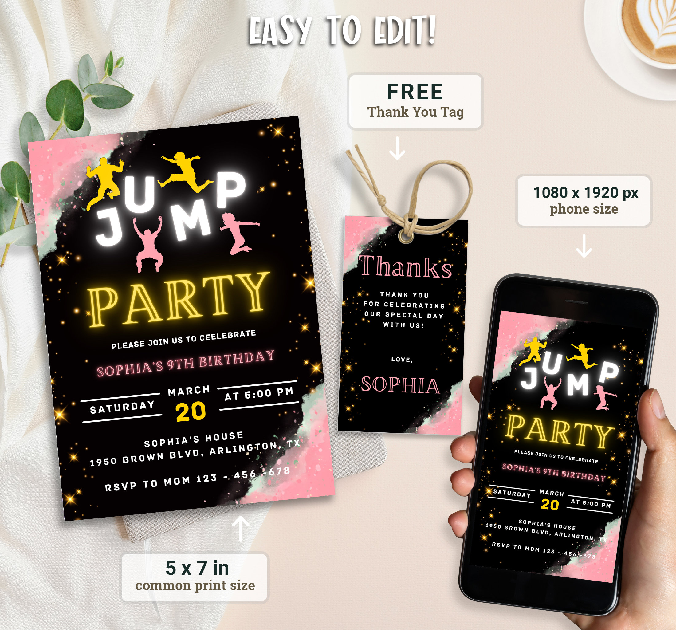 EDITABLE Jump Party Invitation, Trampoline Park Birthday Invitation ...
