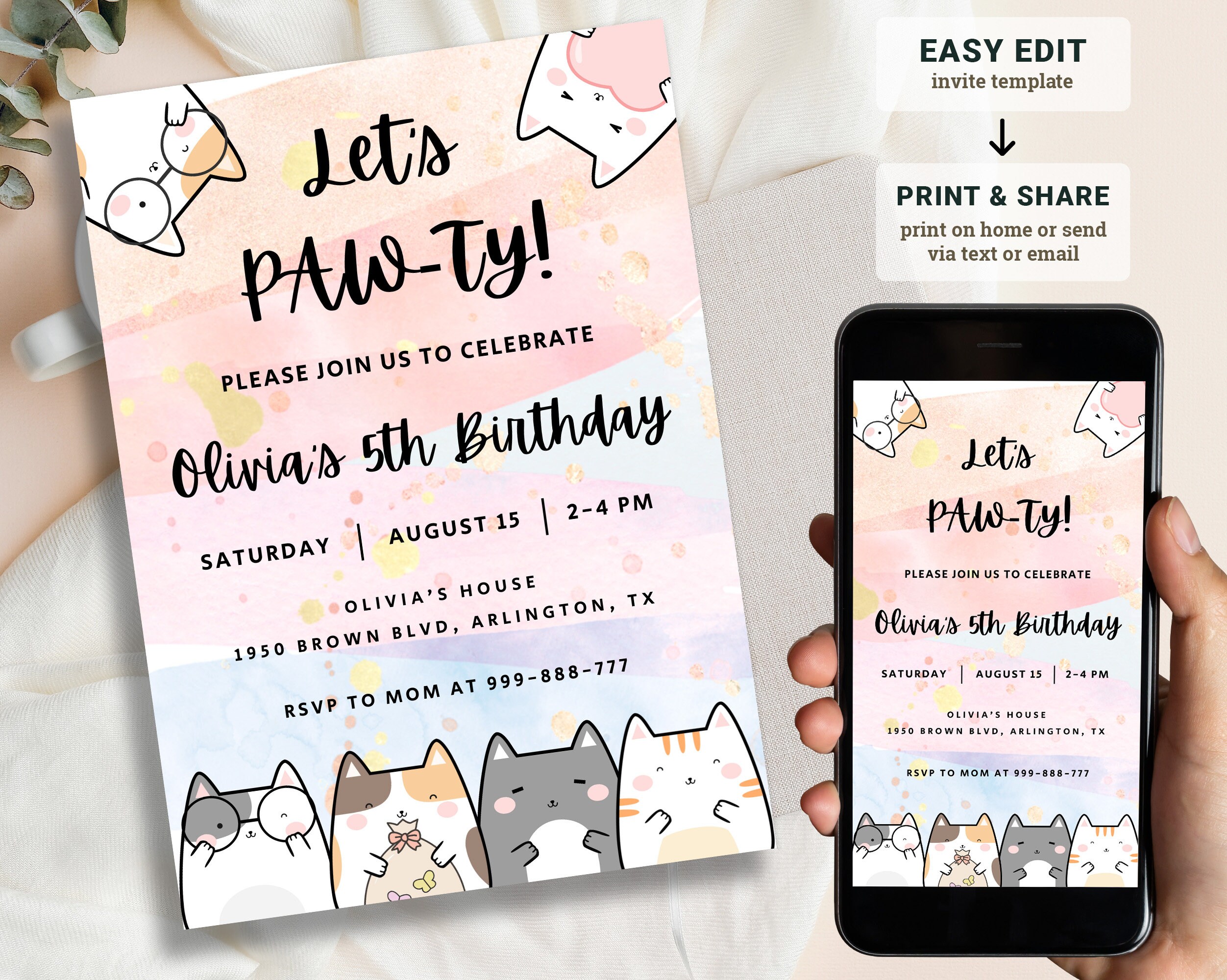 Cat Birthday Invitation, Cat Theme Birthday Invitation, Colorful ...