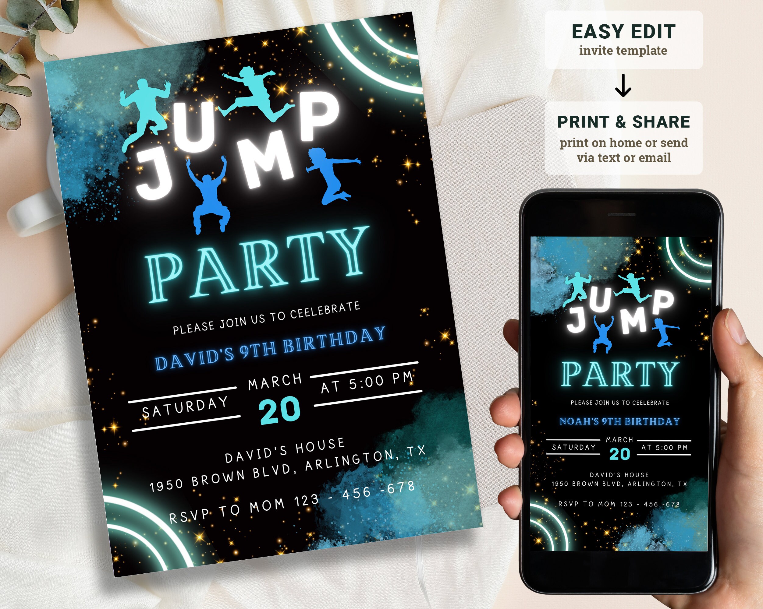 EDITABLE Jump Party Invitation, Trampoline Park Birthday Invitation ...