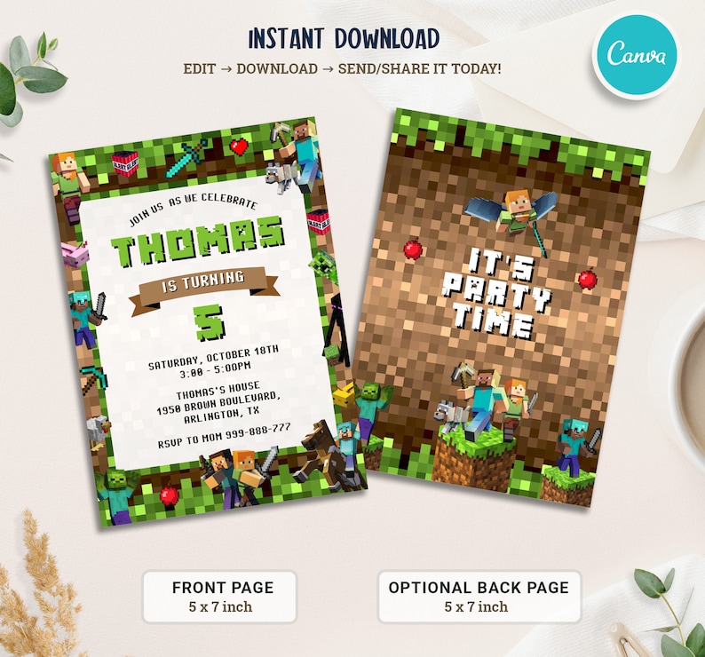 Editable Minecraft Birthday Invitation, Minecraft Birthday Invitation ...