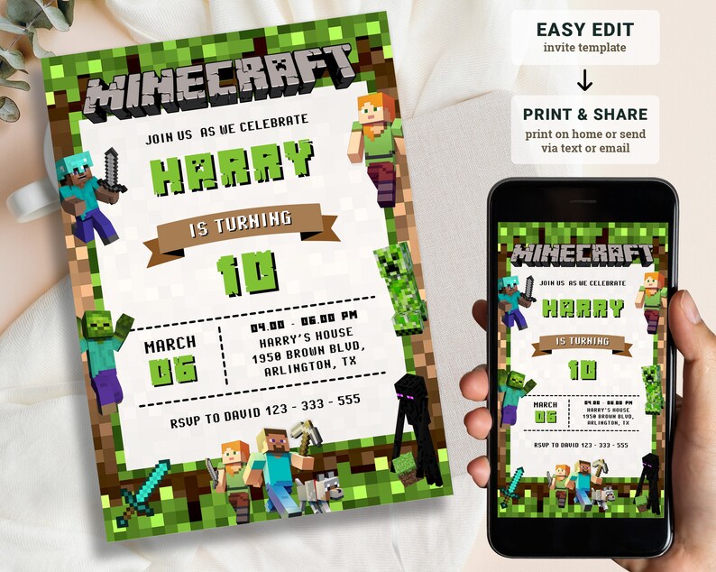 Editable Minecraft Birthday Invitation, Minecraft Birthday Invitation ...