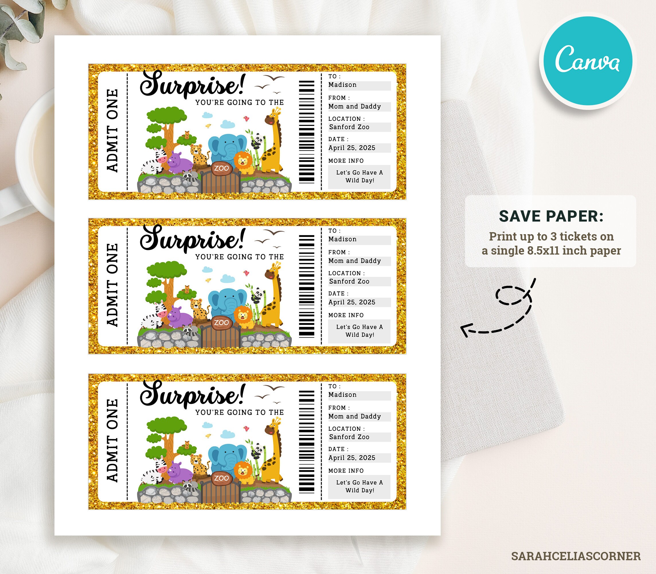 Zoo Printable Ticket, Surprise Zoo Ticket, Birthday Gift, Editable Zoo ...