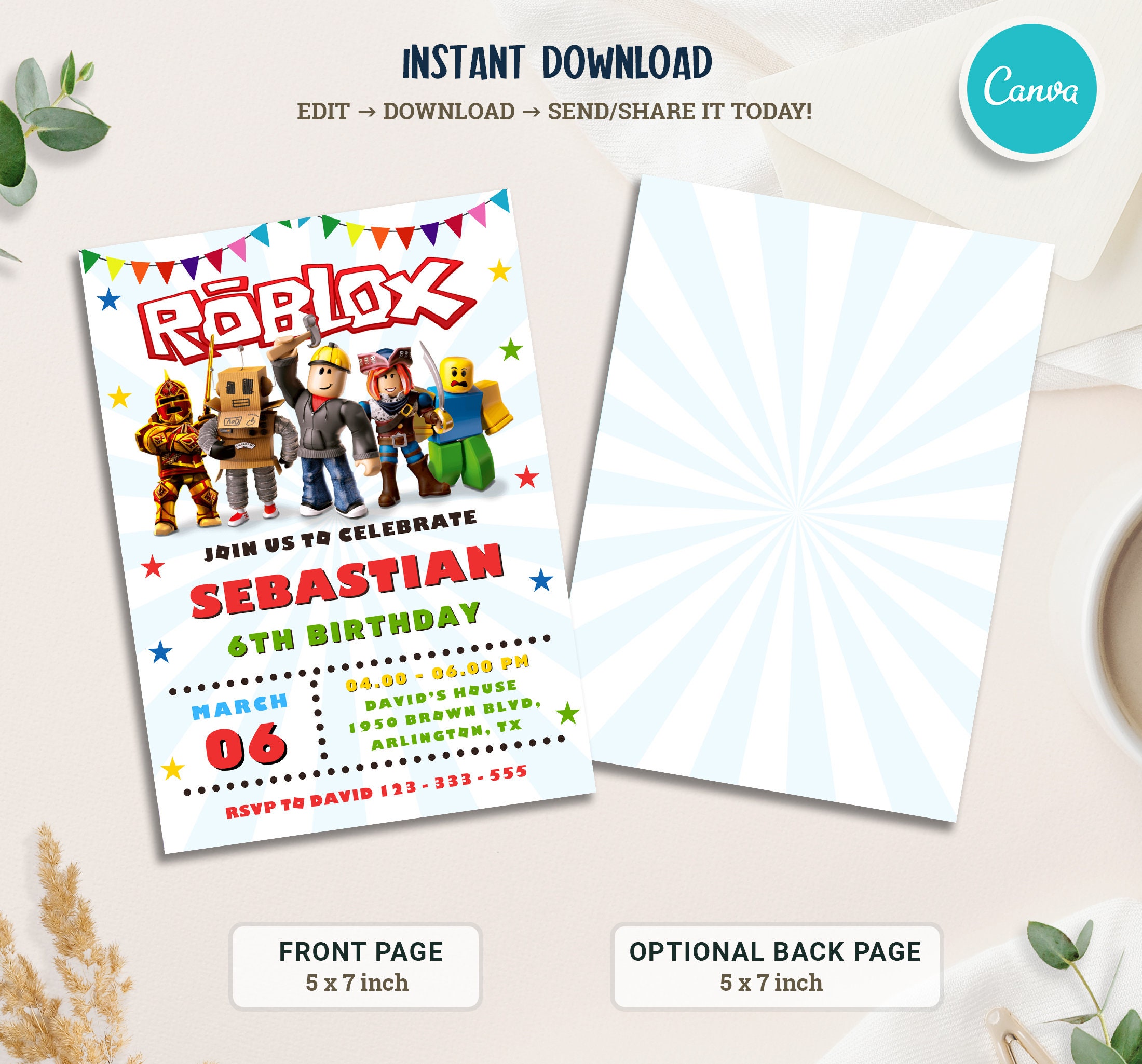 Plantilla de invitación de cumpleaños de Roblox: invitación editable ...