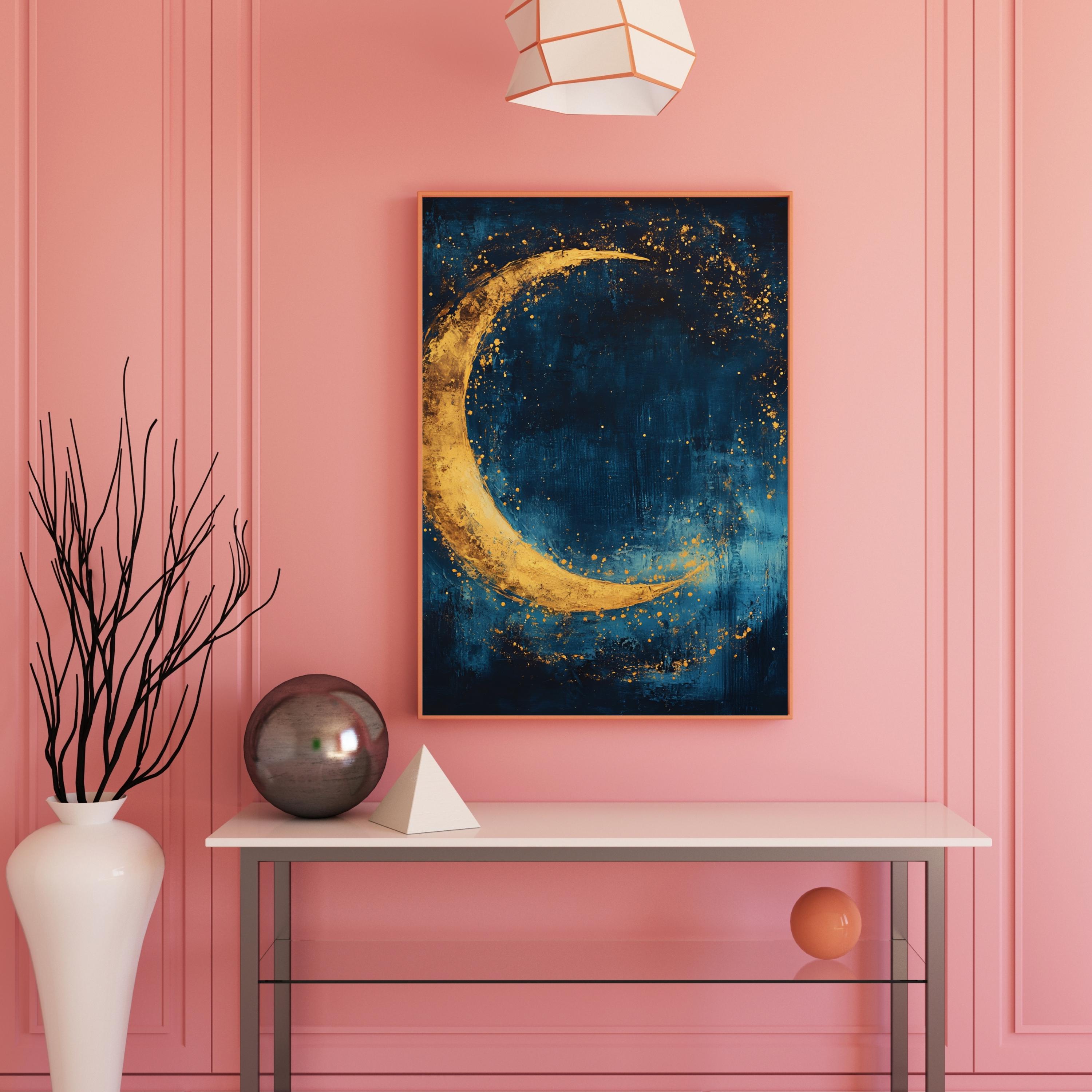 Abstract Crescent Moon Painting, Celestial Wall Art, Midnight Moon ...