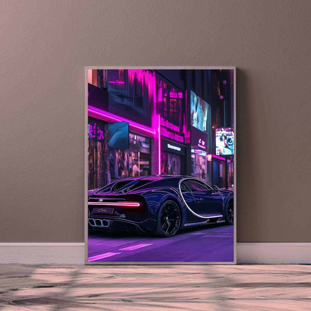 Bugatti Chiron Poster, Supercar Wall Art, Luxury Car Poster, Neon Night ...