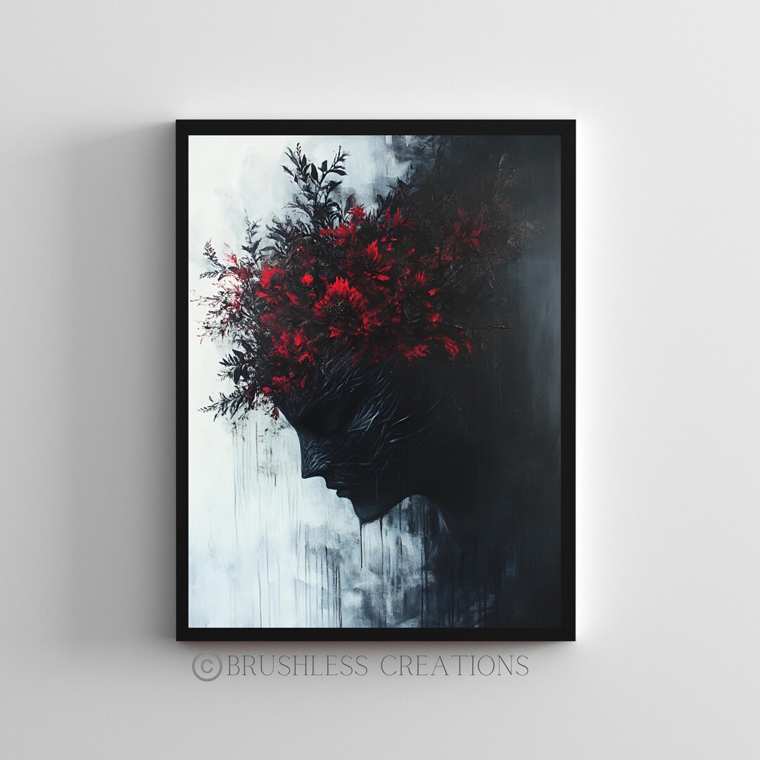 Dark Fantasy Wall Art, Gothic Surreal Portrait, Mysterious Floral Head ...
