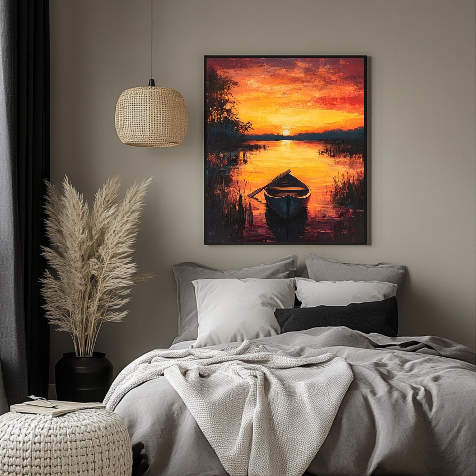 Sunset Boat Painting, Sunset Wall Art, Tranquil Lake Art, Serene Boat ...