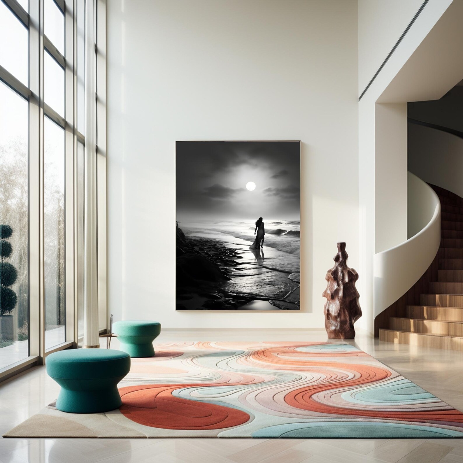 Moonlit Beach Stroll, Serene Black and White Photography, Atmospheric ...