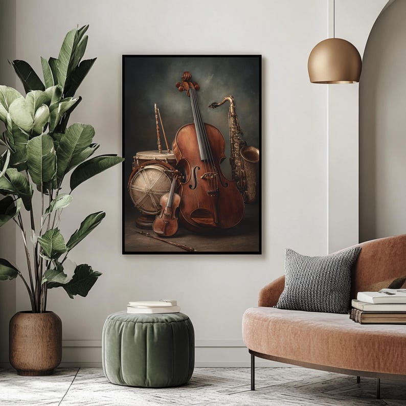 Vintage Musical Instruments Print, Classical Cello Violin Saxophone Art ...
