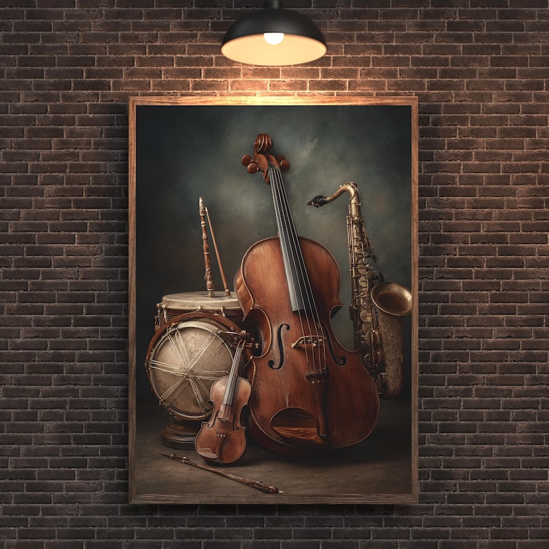 Vintage Musical Instruments Print, Classical Cello Violin Saxophone Art ...
