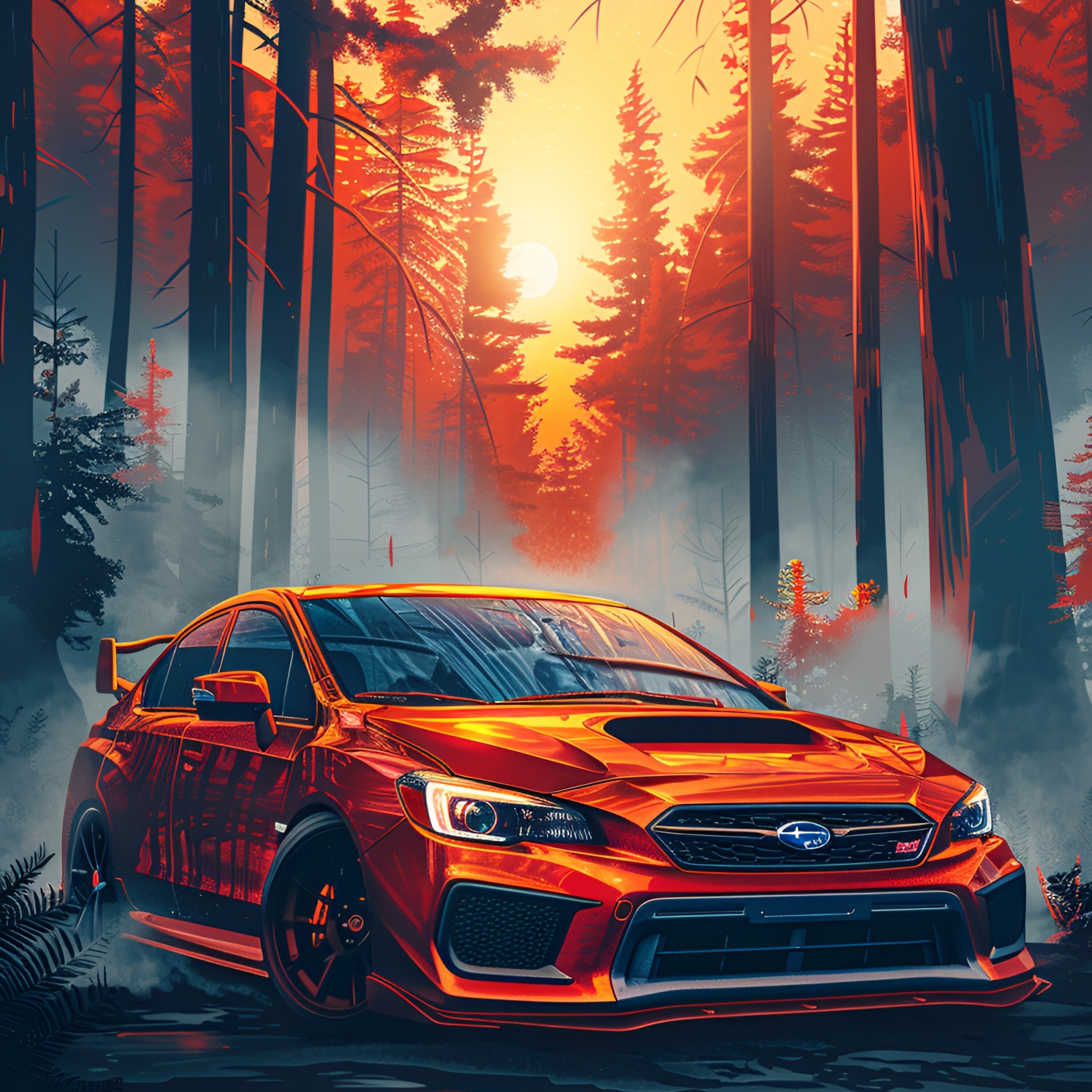 Subaru WRX Poster: Dynamic Sports Car Art, Forest Sunset (digital ...