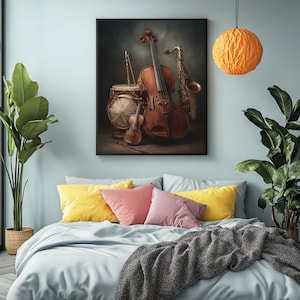 Vintage Musical Instruments Print, Classical Cello Violin Saxophone Art ...