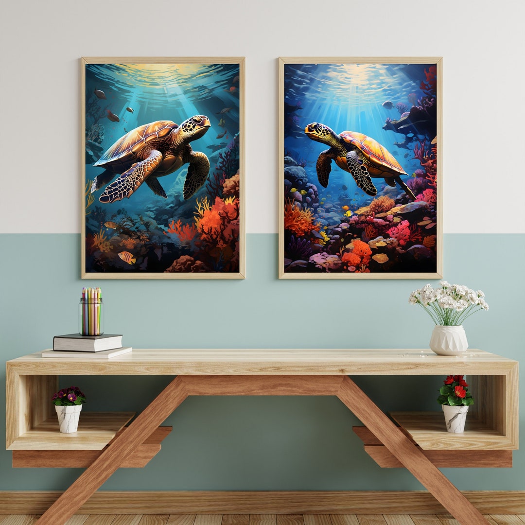 Sea Turtle Art Print Set: Vibrant Marine Life Wall Art (digital ...