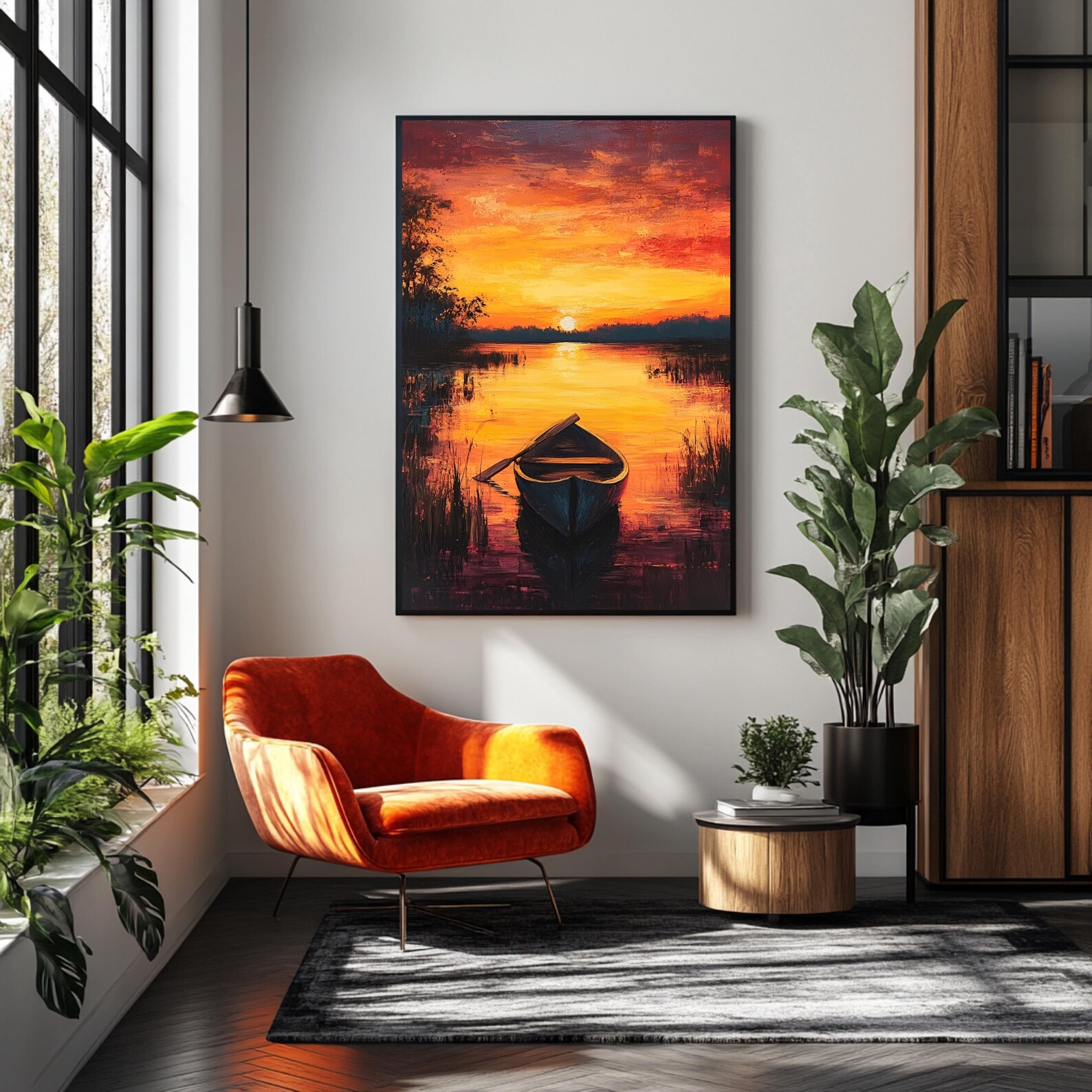 Sunset Boat Painting, Sunset Wall Art, Tranquil Lake Art, Serene Boat ...