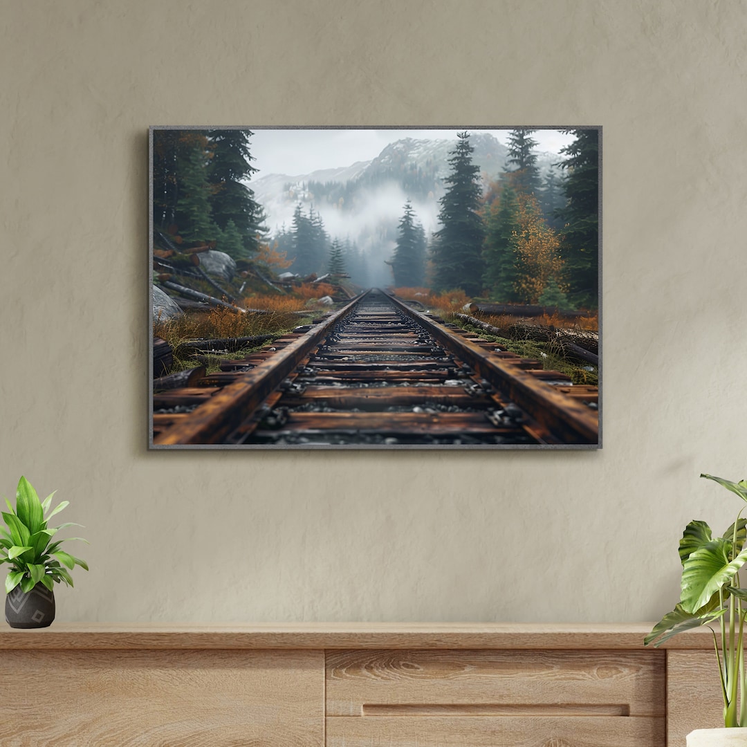 Old Railroad Wall Art, Rustic Forest Landscape Painting, Misty ...