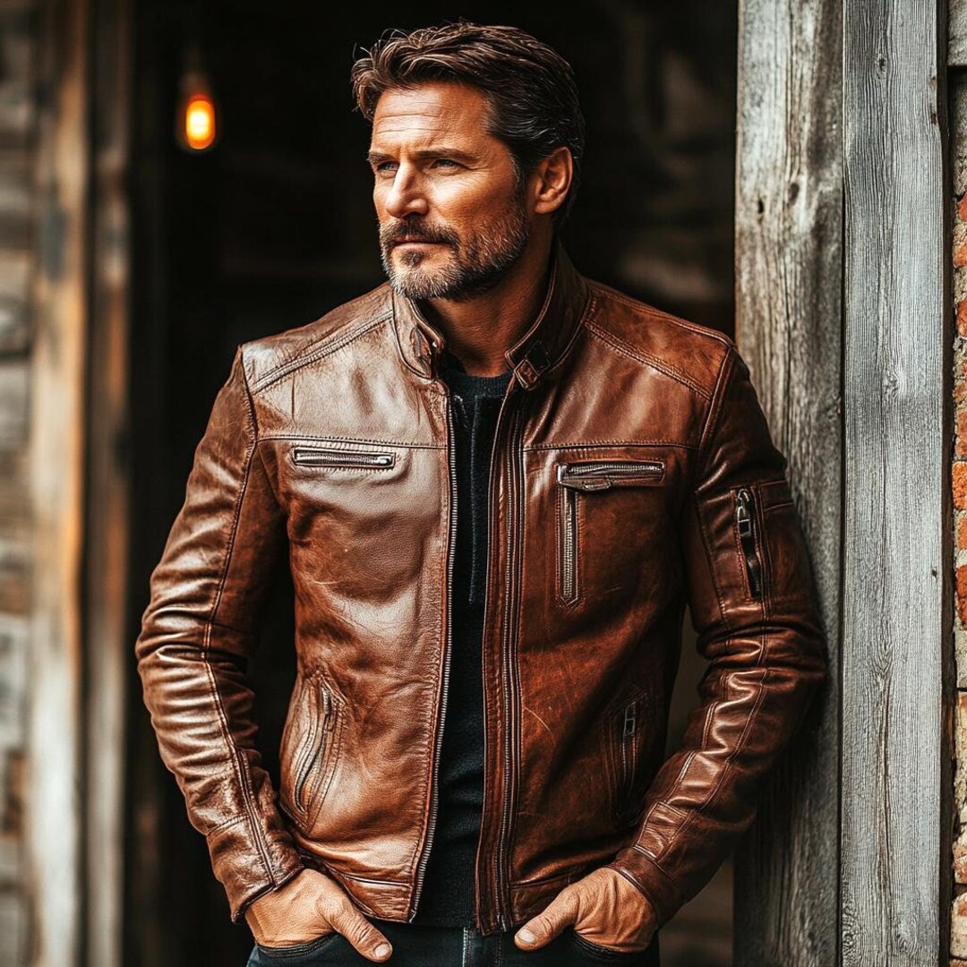 Men's Leather Jacket Handmade Brown Distressed Biker Motorcycle Leather ...