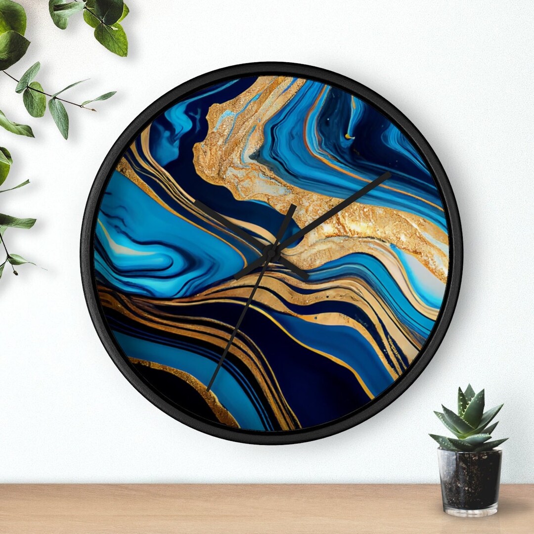 Marble Wall Clock Blue and Gold, Custom Marble Clock, Blue Wall Clock ...