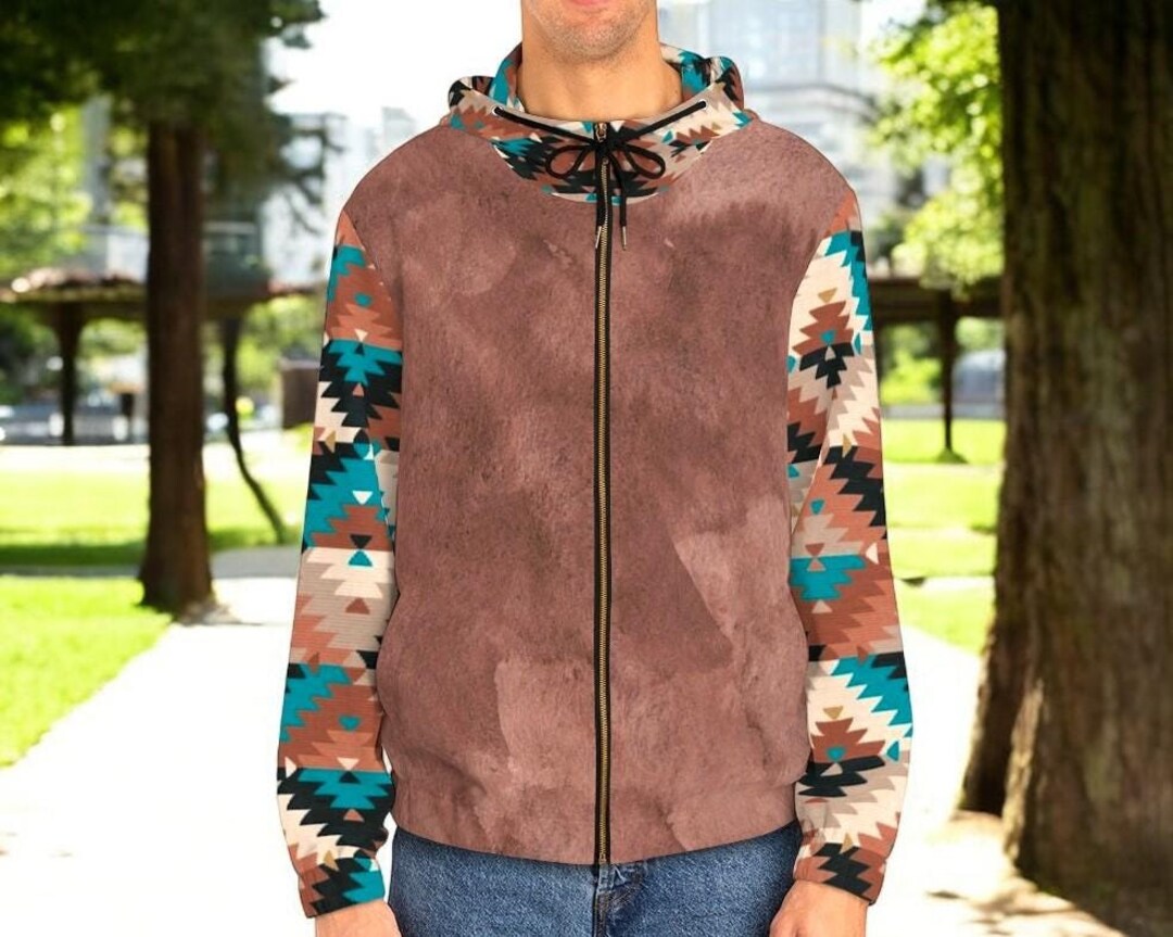 Turquoise and Brown Western Hoodie, Men's Zip up Sweater, Country Style ...