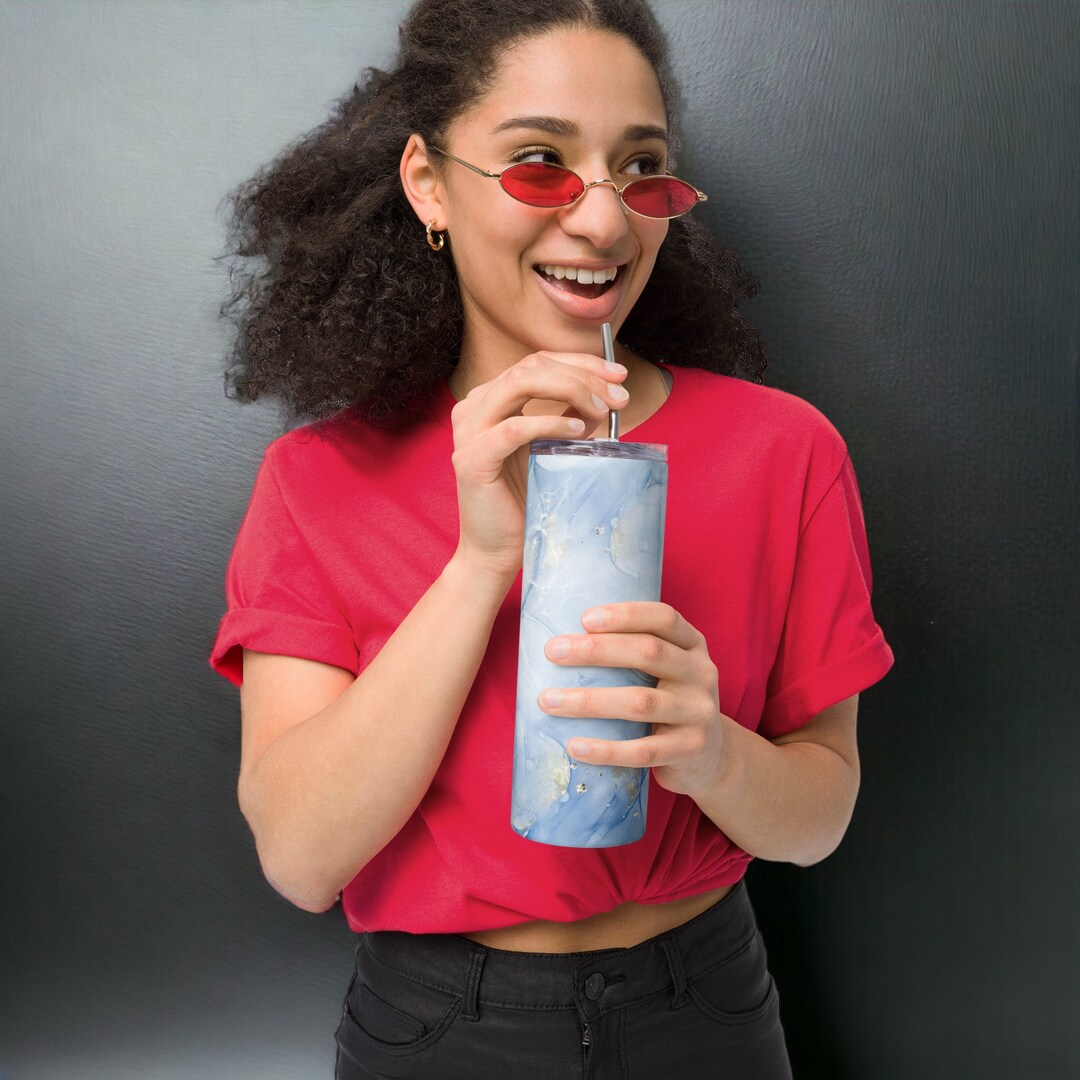 Light Blue Marble Mug, Stainless Steel Mug With Lid, Custom Coffee Mug ...