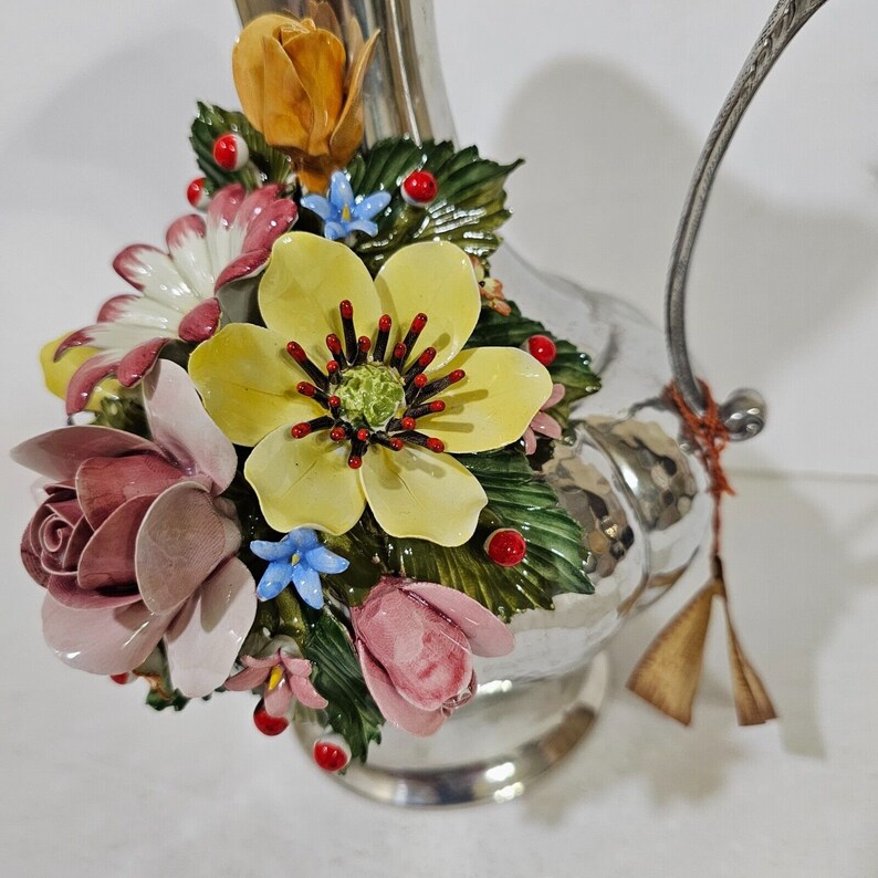 Italian Pewter Capodimonte Ewer Jug 96% Porcelain Flowers Roses Floral ...