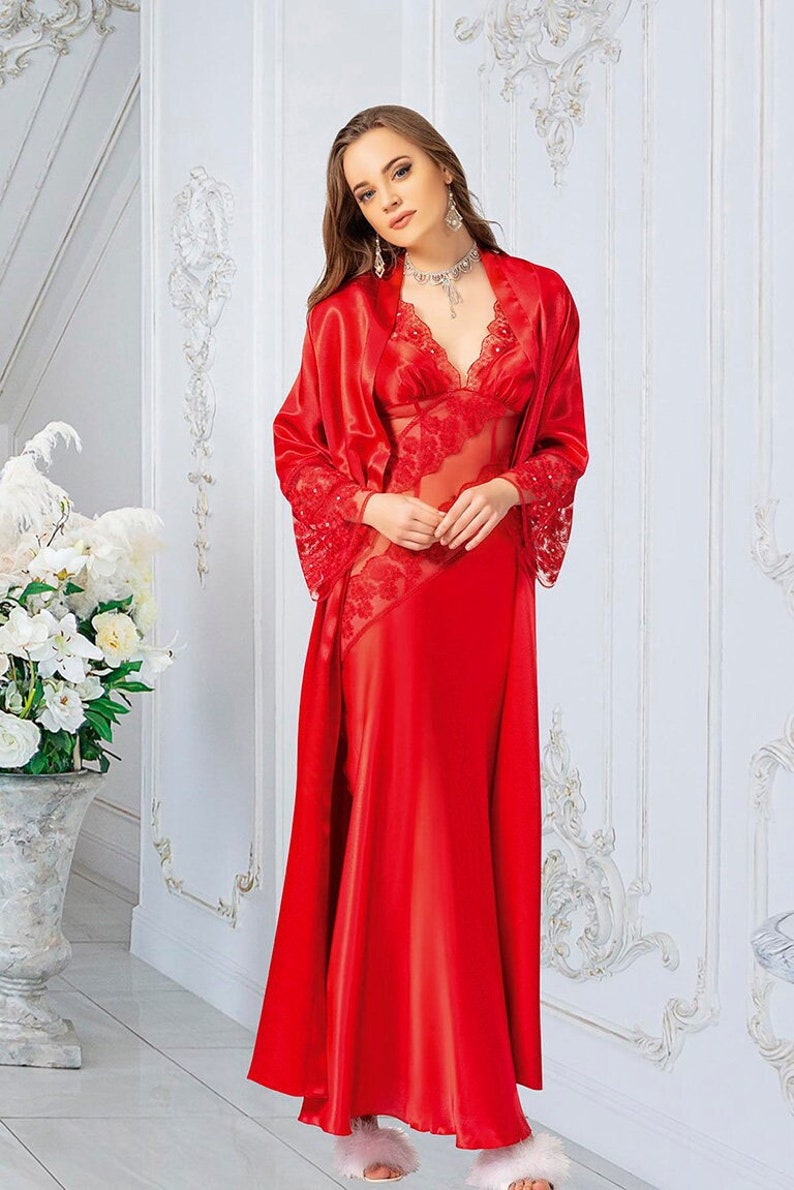 Red Satin Nightgown and Robe Set With Lace Detailing for Special ...