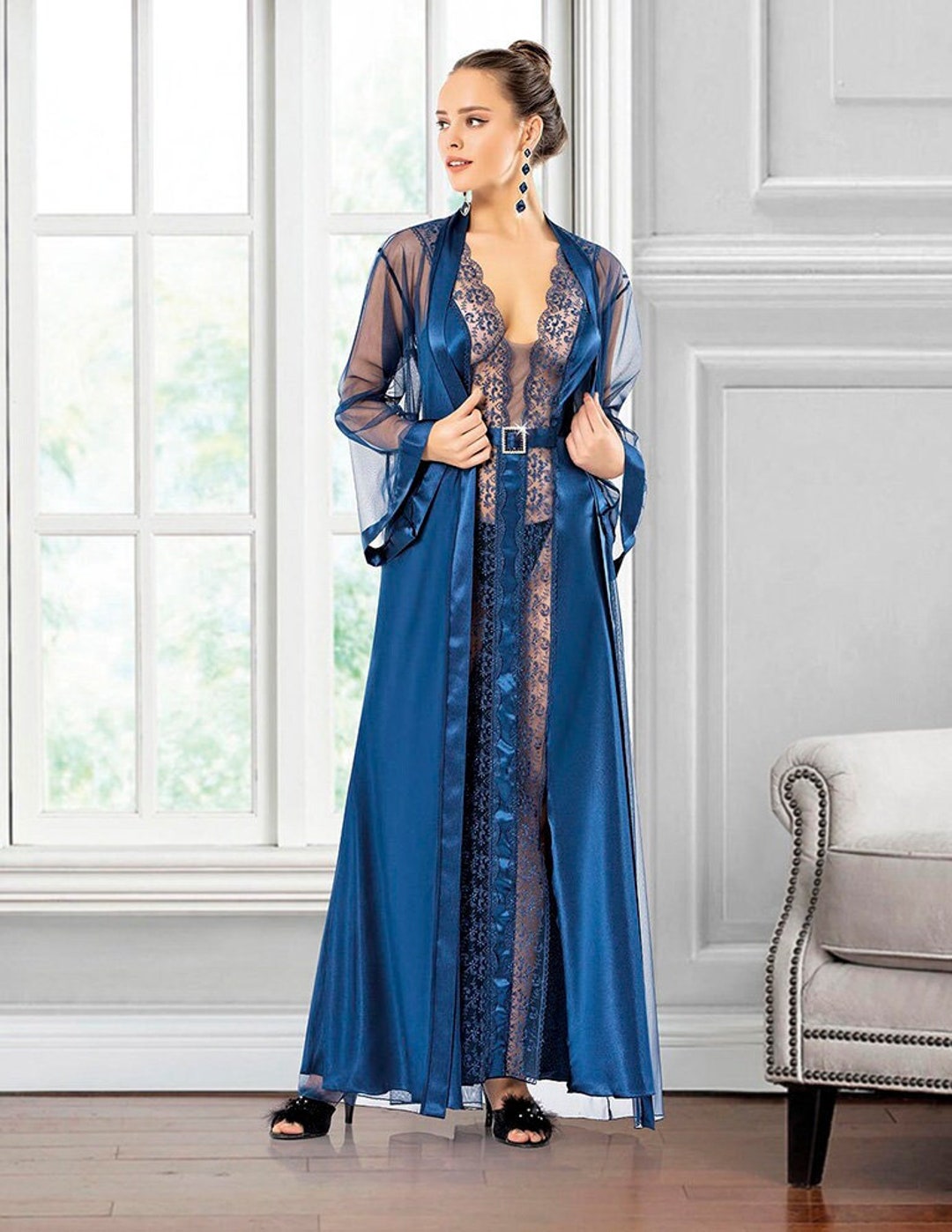 Sexy Nightgown With Lace and Tulle Robe, Transparent Nightgown Set ...