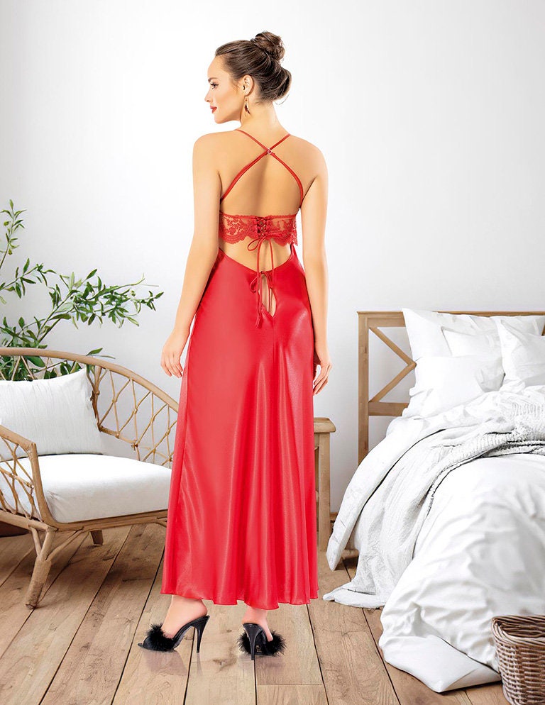 Satin Nightgown and Robe Set, Long Satin Nightgown With Lace, Elegant ...