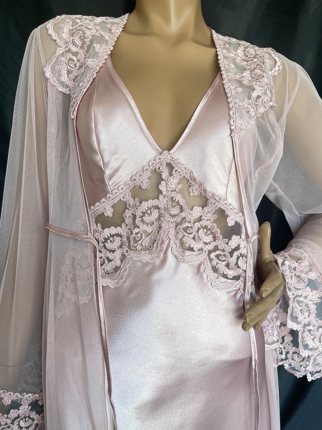 Satin Nightgown and Robe Set, Elegant Lingerie, Silky Nightdress, Lace ...