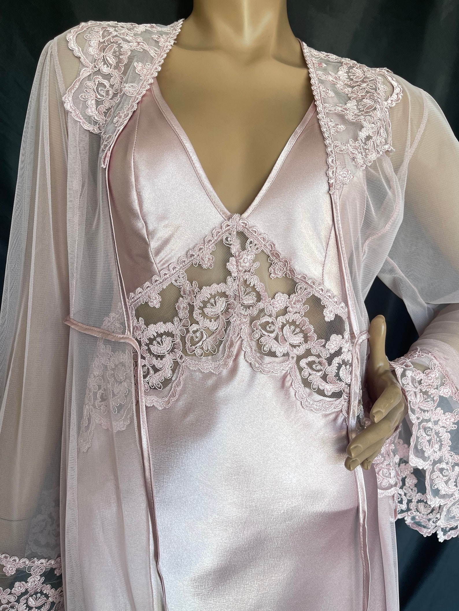 Satin Nightgown and Robe Set, Elegant Lingerie, Silky Nightdress, Lace ...