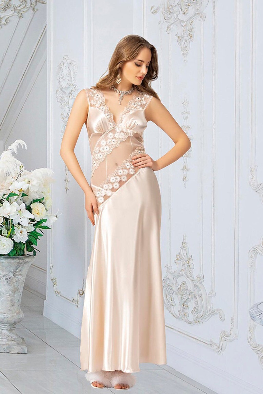 Long Satin Beige Nightgown Set With Lace, Elegant Beige Women Nightgown ...