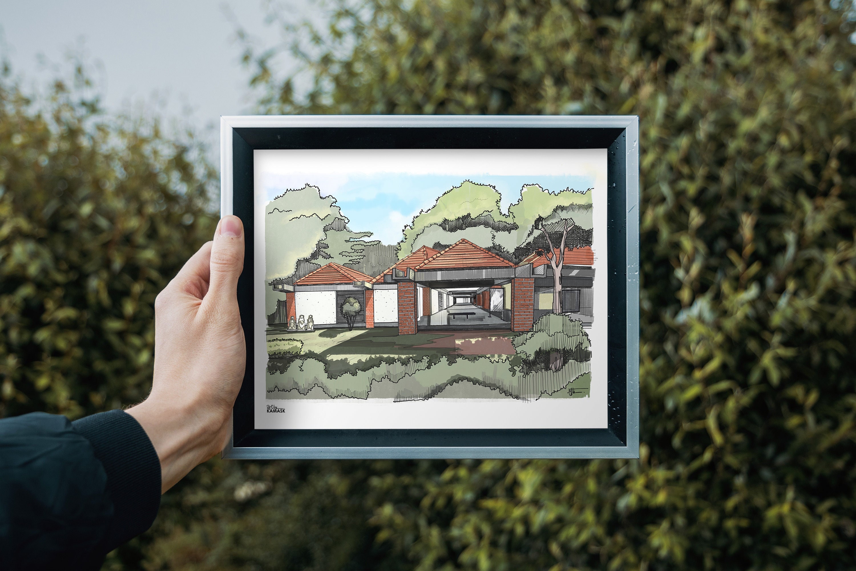 Gandhi Ashram Architecture Sketch Watercolor Multimedia table Art ...