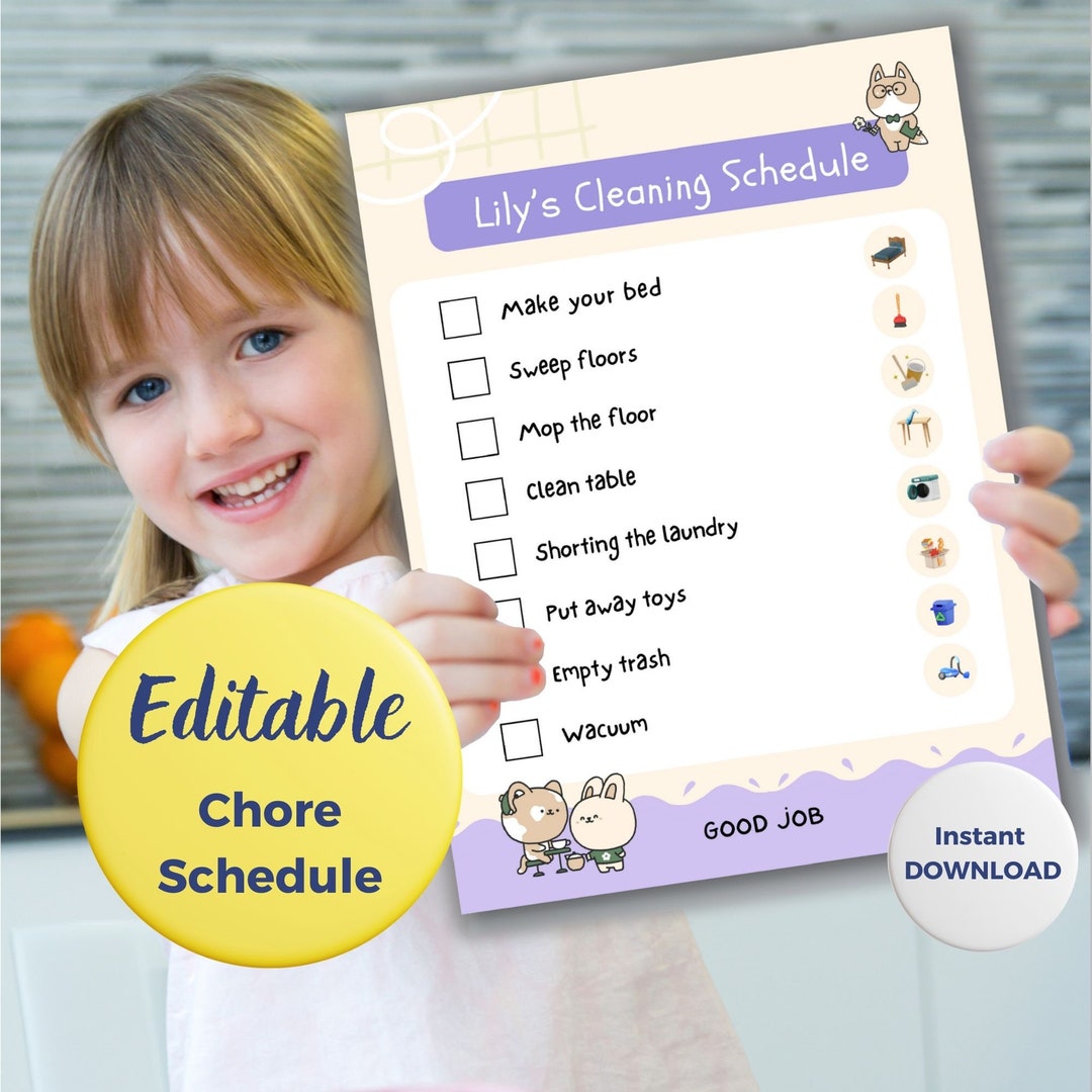 Editable Cleaning Schedule for Kids Kids Chore List Cleaning - Etsy
