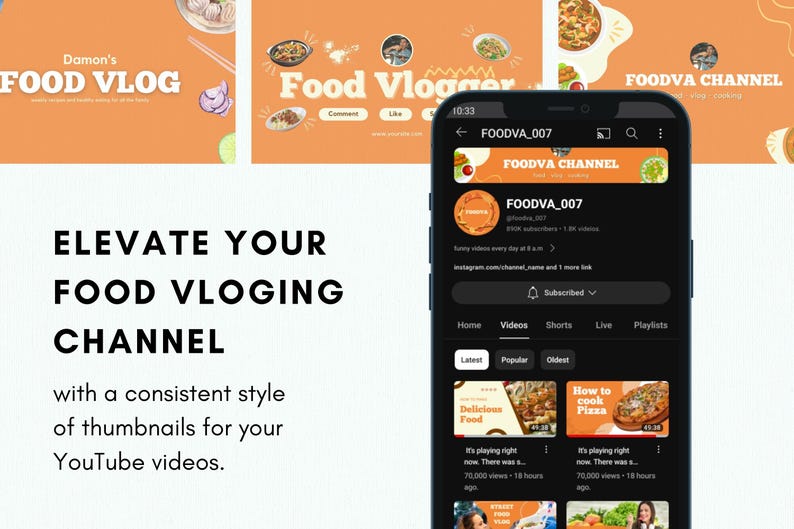 60 Youtube Food Vlogger Channel Branding Kit, Canva Editable Food ...