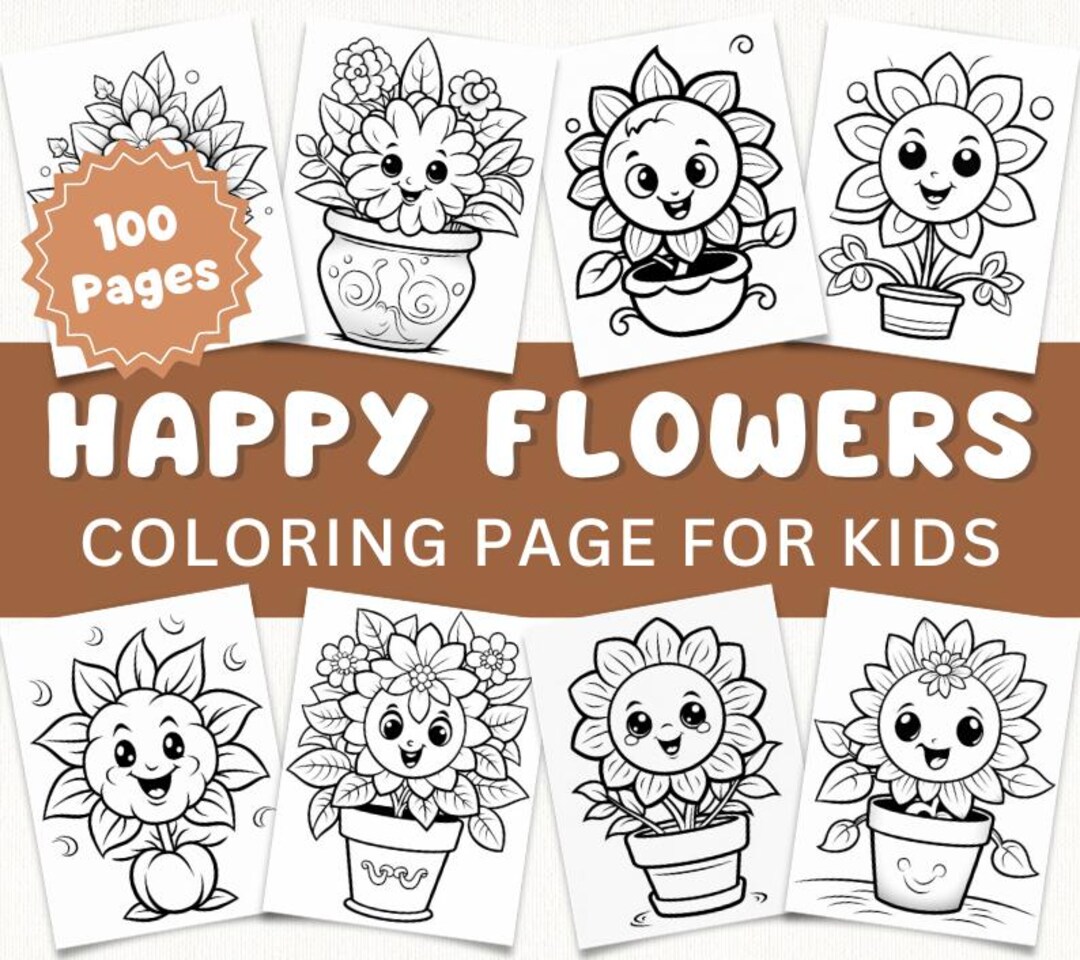 100 Happy Flowers Coloring Pages Bundle for Kids | Smile and Color With ...