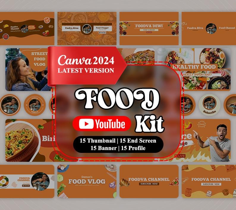 60 Youtube Food Vlogger Channel Branding Kit, Canva Editable Food ...